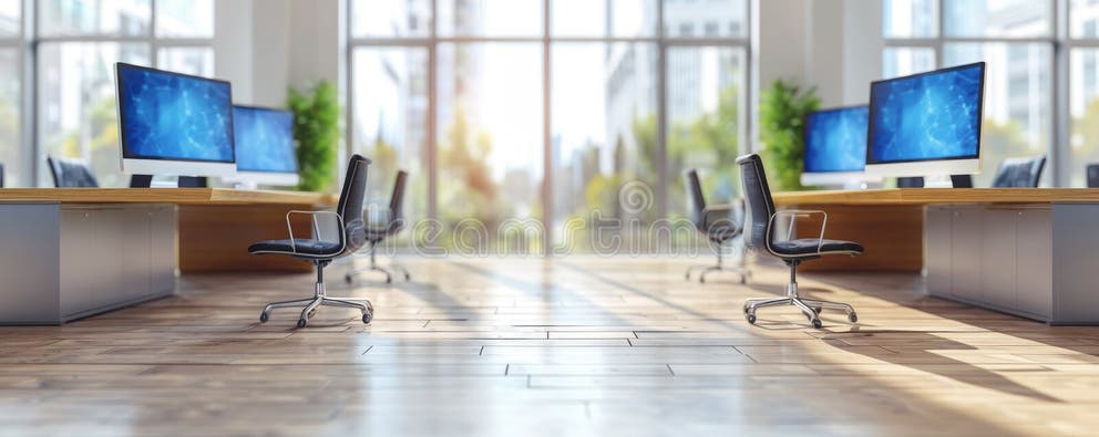 Modern Office Interior with Large Windows and Computer Workstations ...