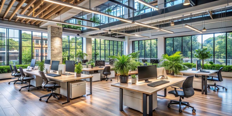 Modern Office Interior with Large Windows and Greenery, Office Design ...