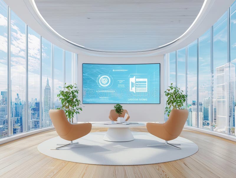 Modern Office Interior with Large Windows, Meeting Area, and Digital ...