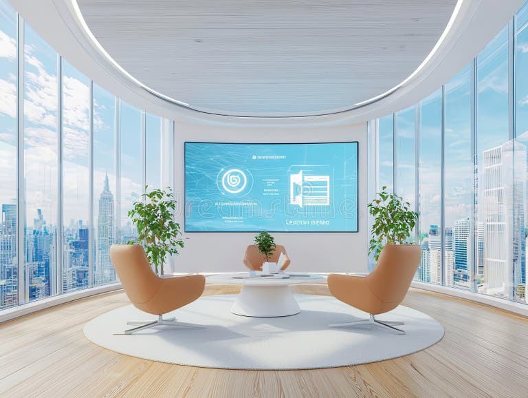 Modern Office Interior with Large Windows, Meeting Area, and Digital ...