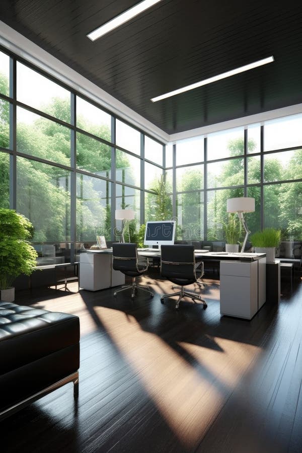 Modern Office Interior with Large Windows and Minimalist Design Stock ...