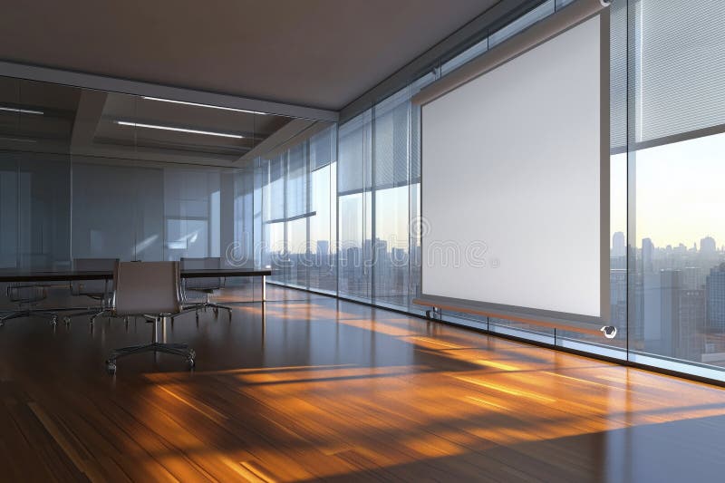 Modern Office Interior with Large Windows and Projector Screen Stock ...