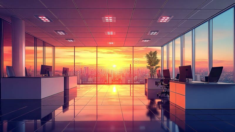 Modern Office Interior with Large Windows Showcasing Stunning Sunset ...