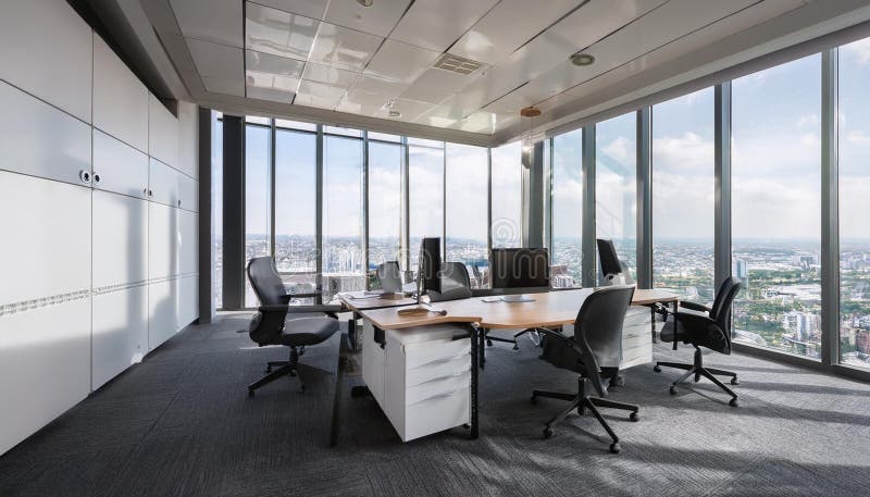 Modern Office Interior with Large Windows, Workspaces, and Ergonomic ...