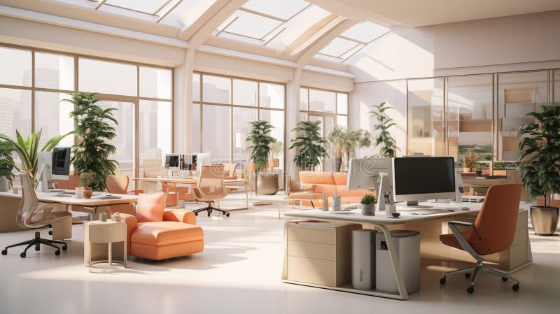 Modern Office Interior in Light Peach Color, Modern Workspace with Natural Lighting Stock Photo ...