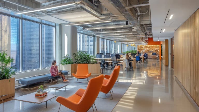 Modern Office Interior with Lounge Area, Workstations, and Natural ...