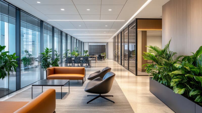 Modern Office Interior with Lounge and Meeting Area Featuring Large ...
