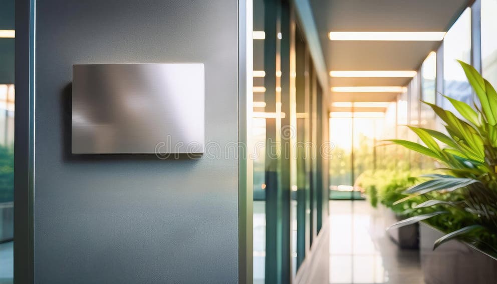 A Modern Office Interior with a Metallic Plaque and Sunlight Streaming ...