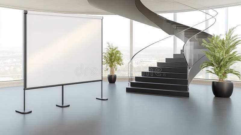 Modern Office Interior Mockup with Spiral Staircase, Projector Screen ...