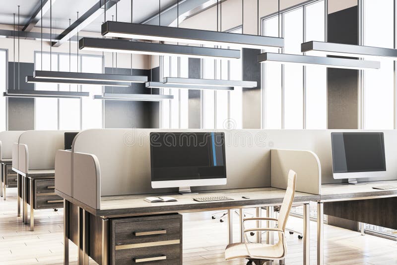 Modern Office Interior with Multiple Cubicles, Computers, and Chairs in ...