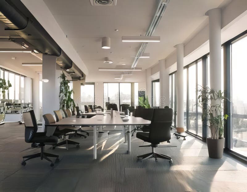 Modern Office Interior with Multiple Desks, Computers, and Large ...