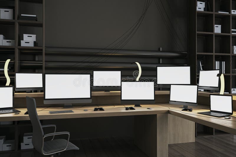 Modern Office Interior with Multiple Empty White Computer Monitors on ... Modern Office Interior with Multiple Empty White Computer Monitors on ...