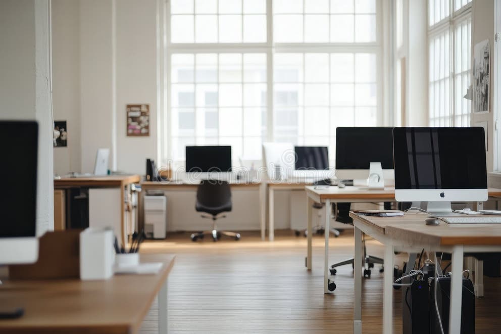 Modern Office Interior with Multiple Workstations and Large Windows ...