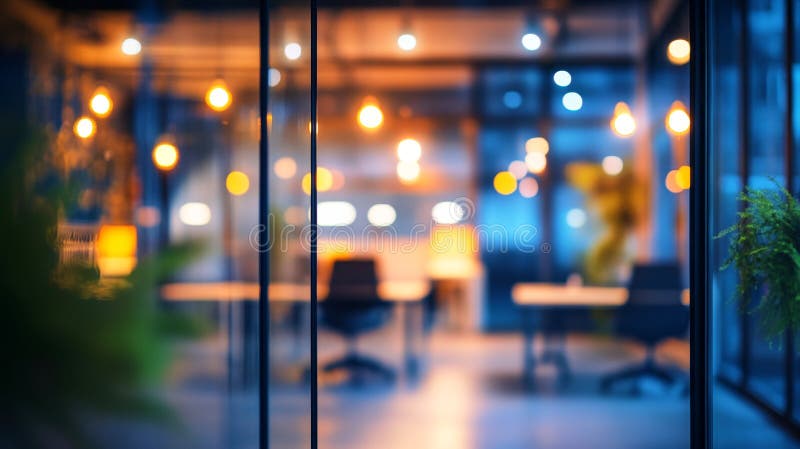Modern Office Interior at Night with Cozy Atmosphere and Abstract ...