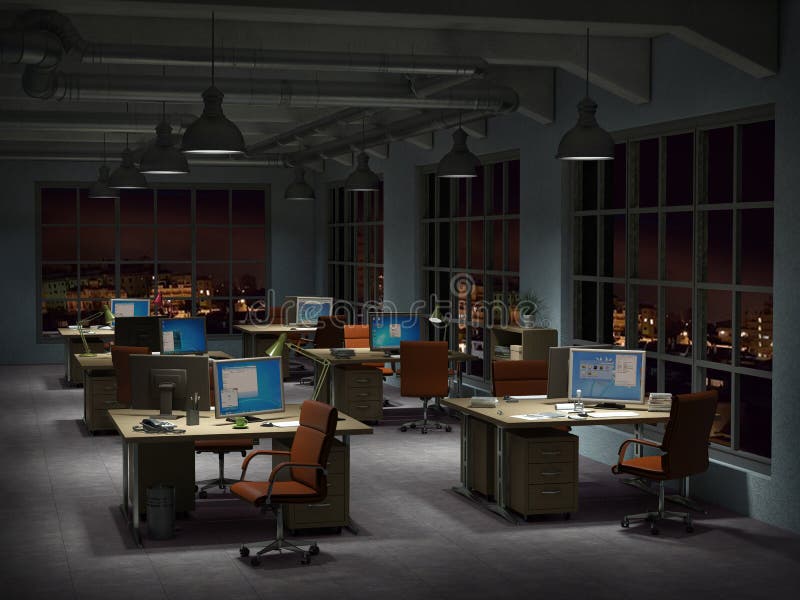 Modern Office Interior in the Night Stock Illustration - Illustration ...
