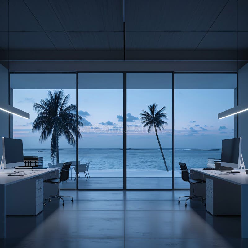 Modern Office Interior with Ocean View at Dusk and Palm Trees in the ...