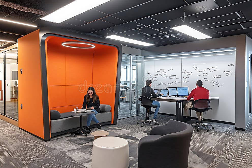 Modern Office Interior with Open Plan Design and Collaboration Spaces Stock Illustration ...