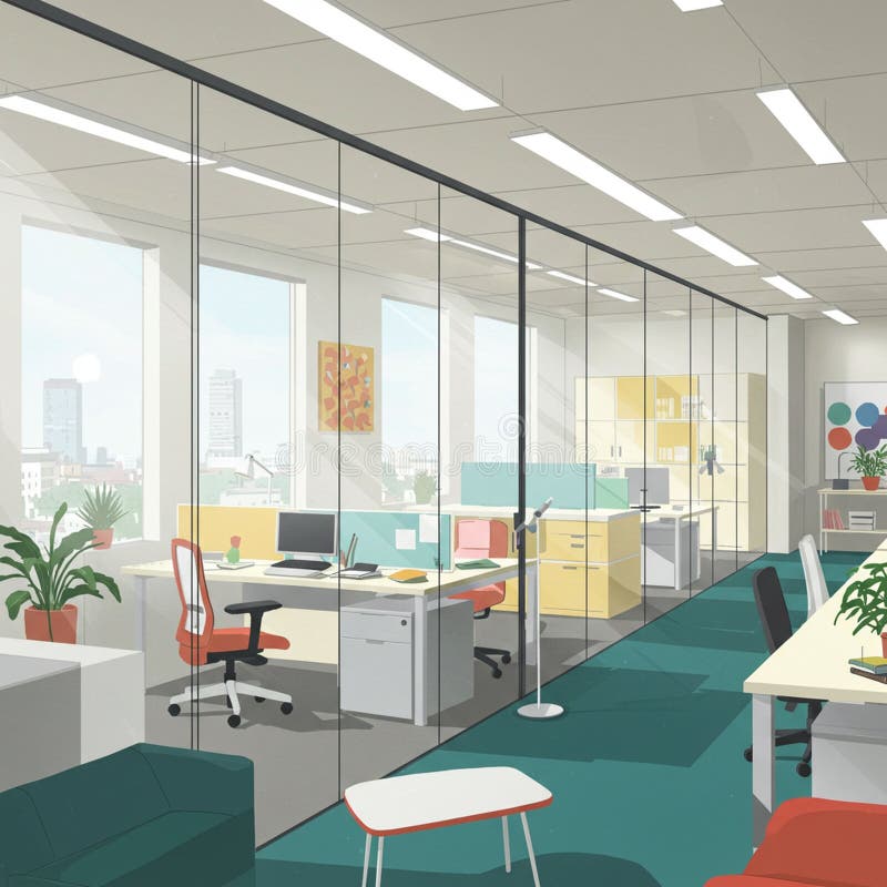 Modern Office Interior with Open-plan Design Features Large Glass ...