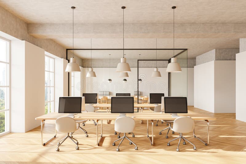Stylish Office Layout Featuring Wooden Desks Modern Decor Bright ...