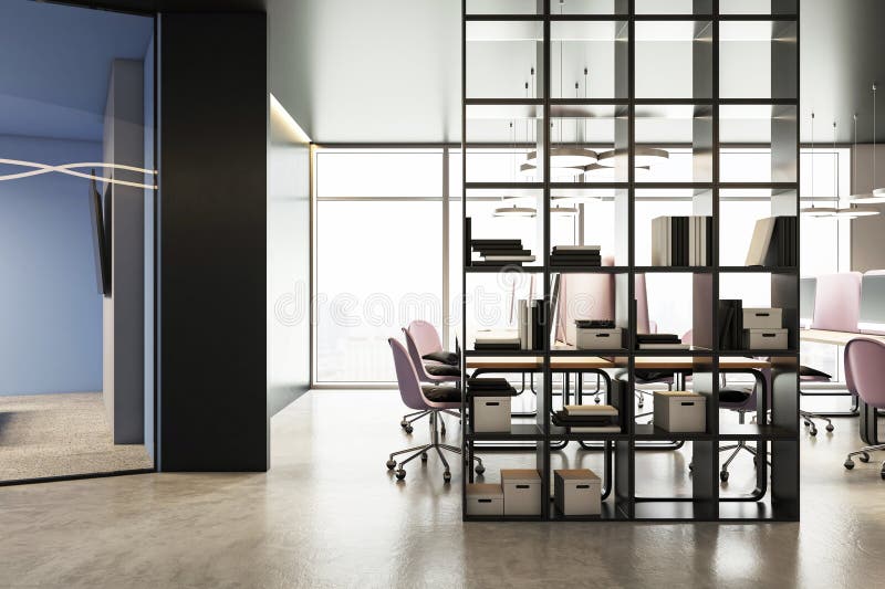 Modern Office Interior with Open Workspace and Bookshelf Partition. 3D ...