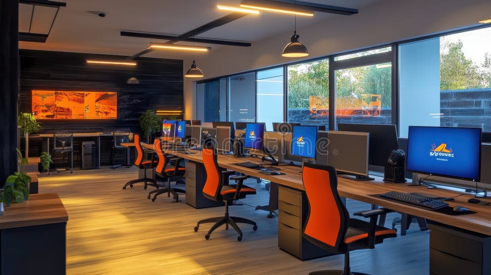 Modern Office Interior with Orange Accents and Workstation Setup Stock ...