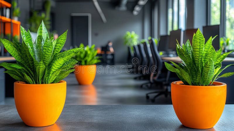 Modern Office Interior with Orange Planters and Green Indoor Plants in ...