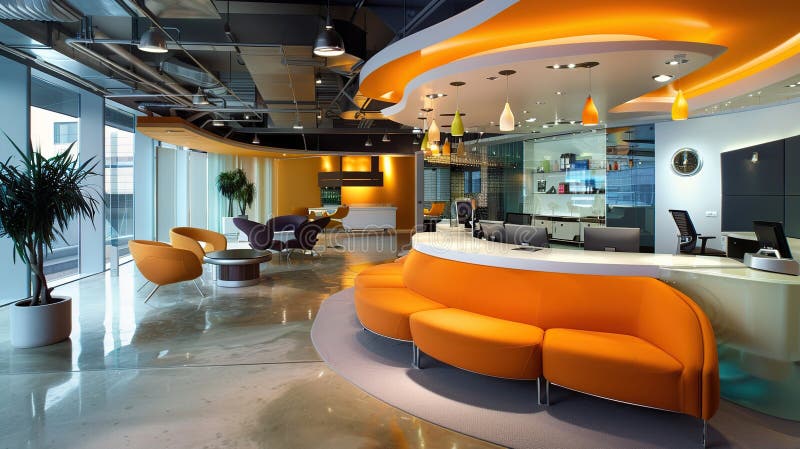 Modern Office Interior with Orange Seating and Curved Reception Desk ...