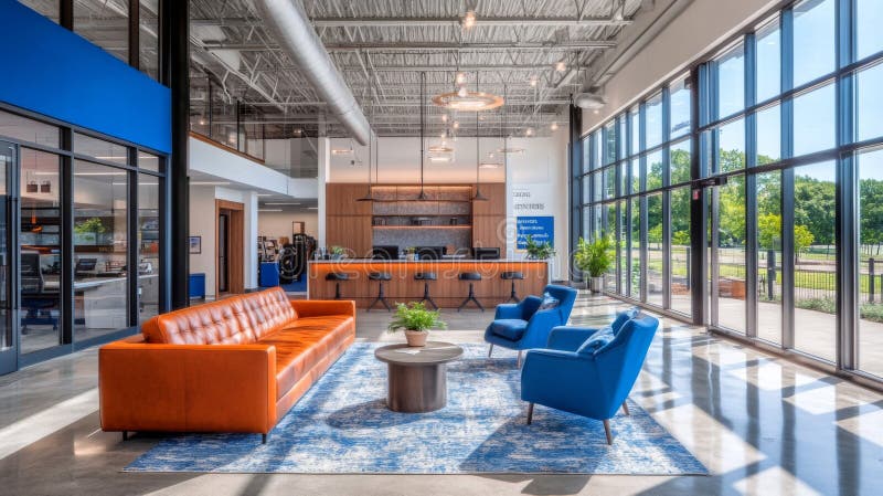 Modern Office Interior with Orange Sofa and Blue Chairs Stock ...