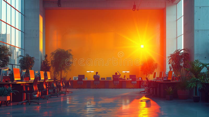 Modern Office Interior with Palm Trees at Sunset Stock Image - Image of ...
