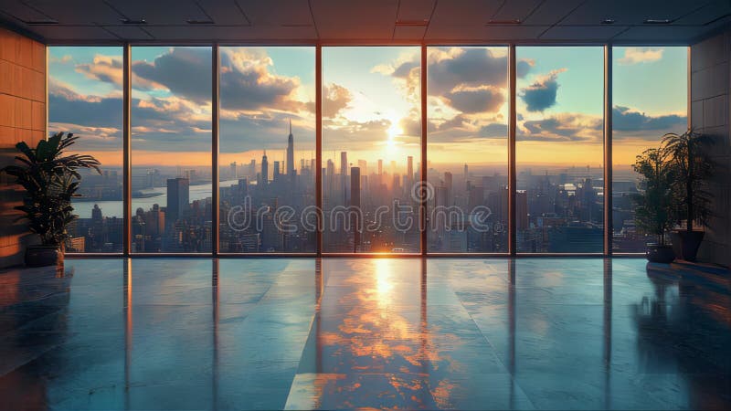 Modern Office Interior with Panoramic City Skyline View during Sunset ...
