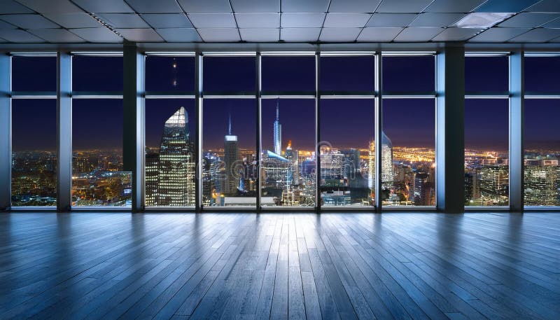Modern Office Interior with Panoramic Night City View. 3D Rendering ...