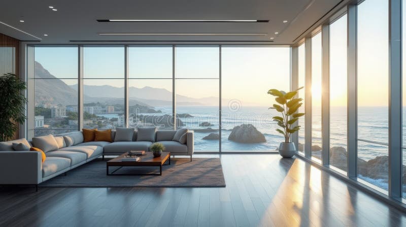 Modern Office Interior with Panoramic Sea View Stock Illustration ...