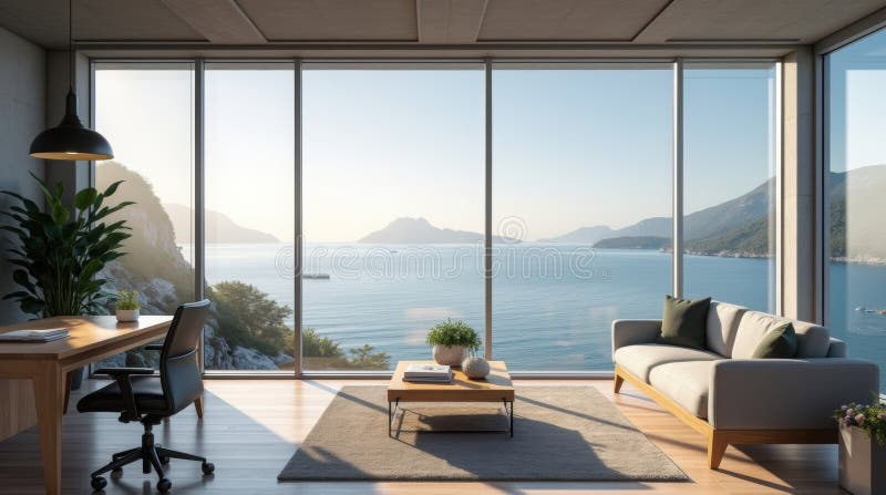 Modern Office Interior with Panoramic Sea View Stock Illustration ...