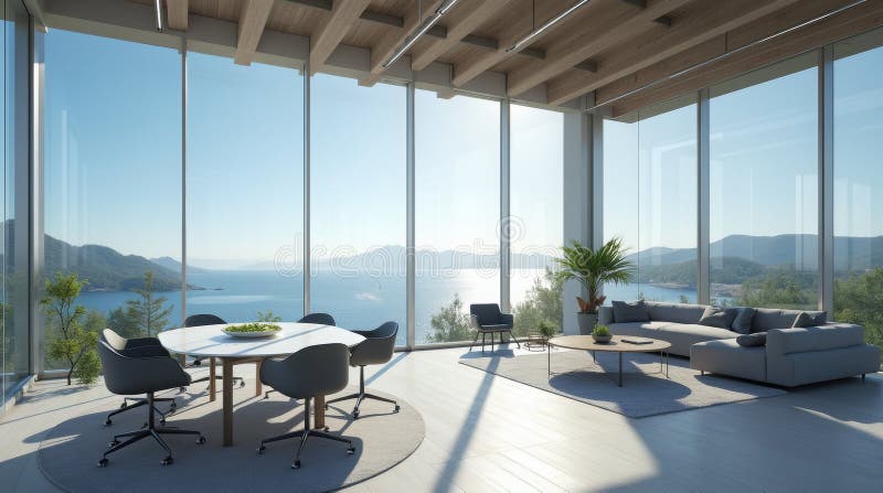 Modern Office Interior with Panoramic Sea View Stock Illustration ...