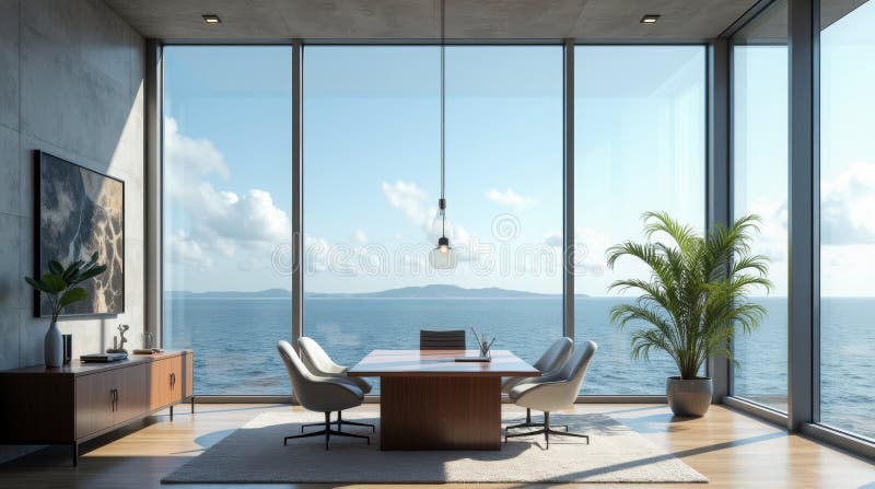 Modern Office Interior with Panoramic Sea View Stock Illustration ...