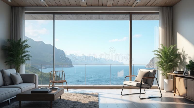 Modern Office Interior with Panoramic Sea View Stock Illustration ...