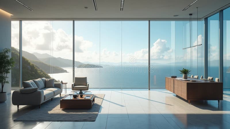 Modern Office Interior with Panoramic Sea View Stock Illustration ...