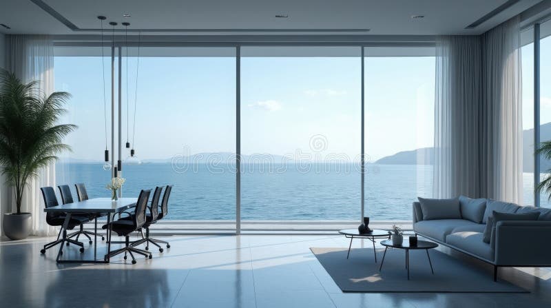 Modern Office Interior with Panoramic Sea View Stock Illustration ...