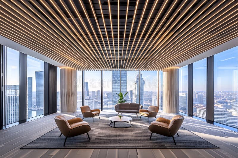 Modern Office Interior with Panoramic Skyline View, Featuring Lounge ...