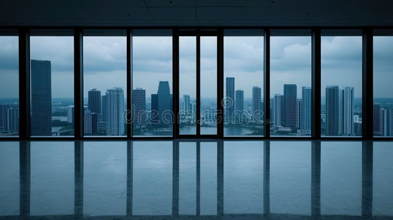 Modern Office Interior with Panoramic View of City Skyline Under Cloudy ...
