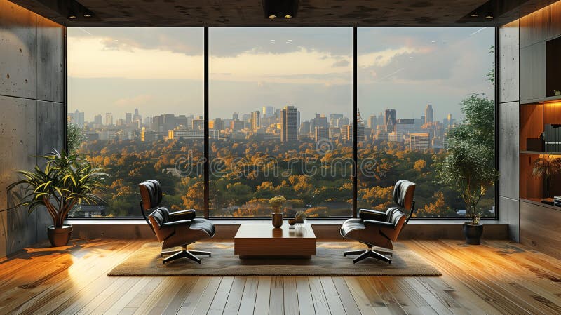 Modern Office Interior with Panoramic Window and City View, and Two ...