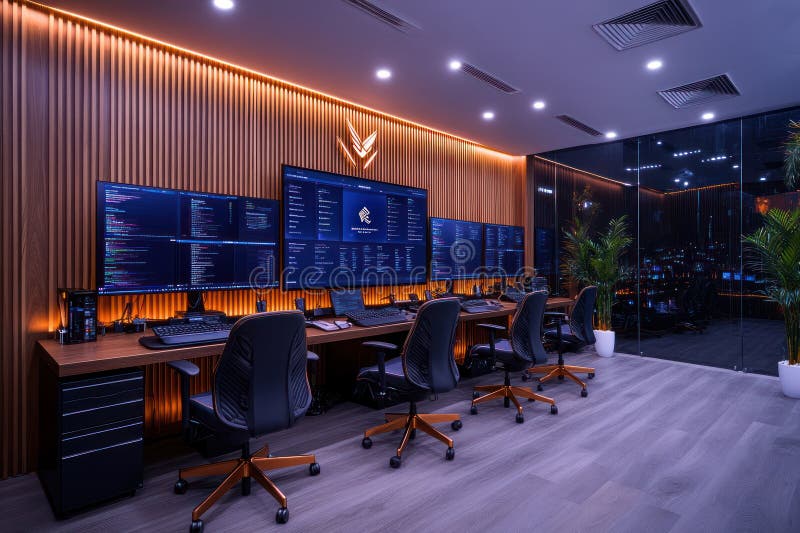 Modern Office Interior with Panoramic Window, Row of PC Monitors, and ...