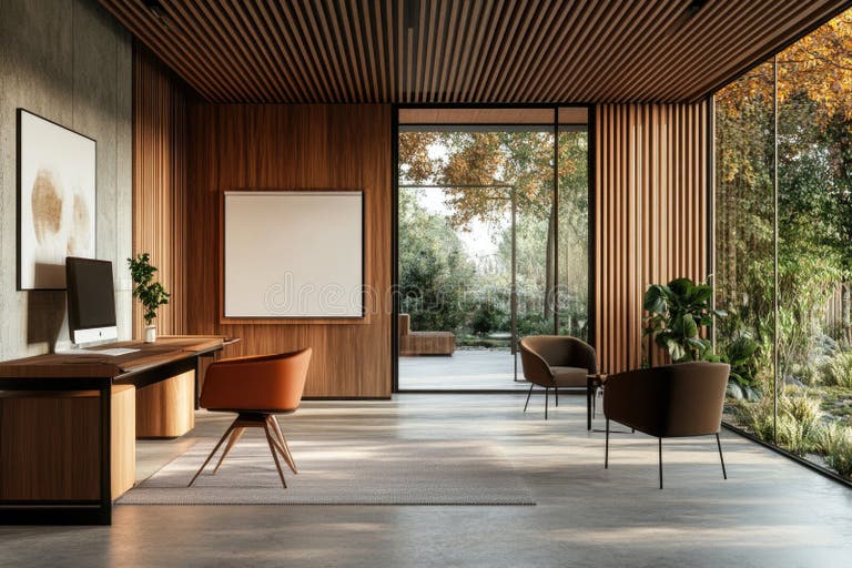 Modern Office Interior with Panoramic Windows, Desk with a Computer and ...