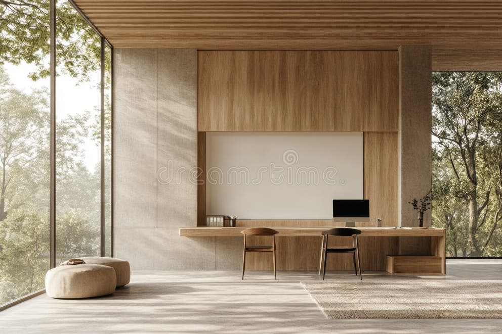 Modern Office Interior with Panoramic Windows, Desk with a Computer and ...