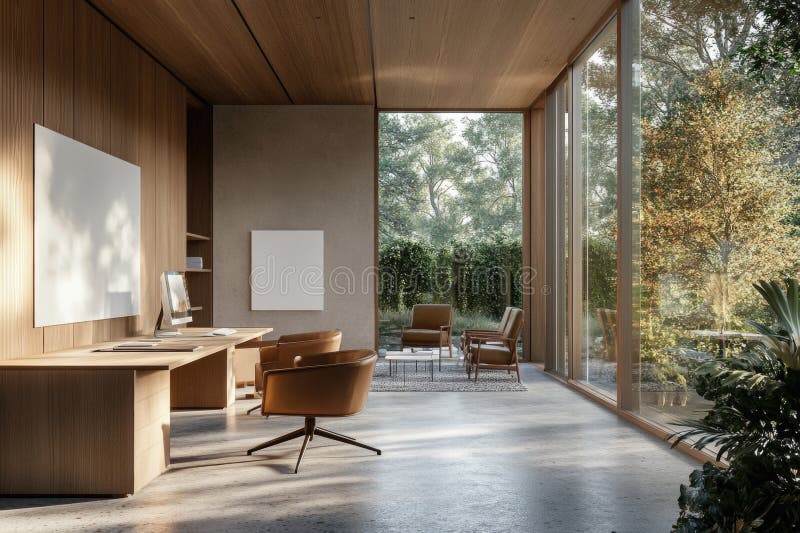 Modern Office Interior with Panoramic Windows, Desk with a Computer and ...