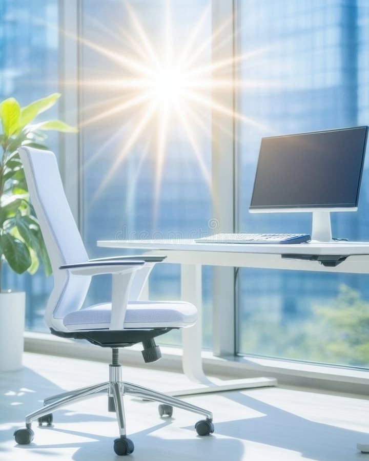 Modern Office Interior with Panoramic Windows and Desk Workspace ...