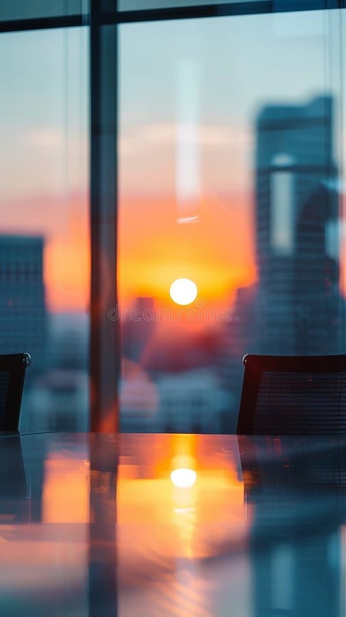 Modern Office Interior with Panoramic Windows at Sunset Stock ...