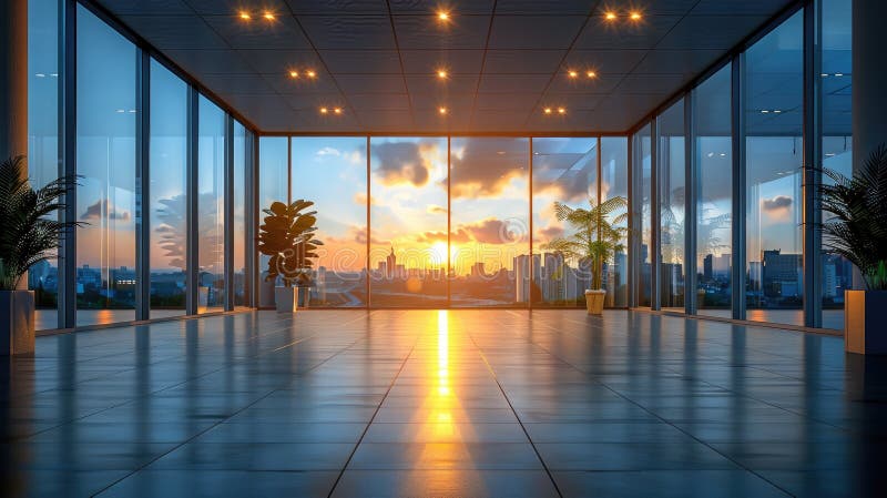 Modern Office Interior with Panoramic Windows at Sunset Stock Image ...