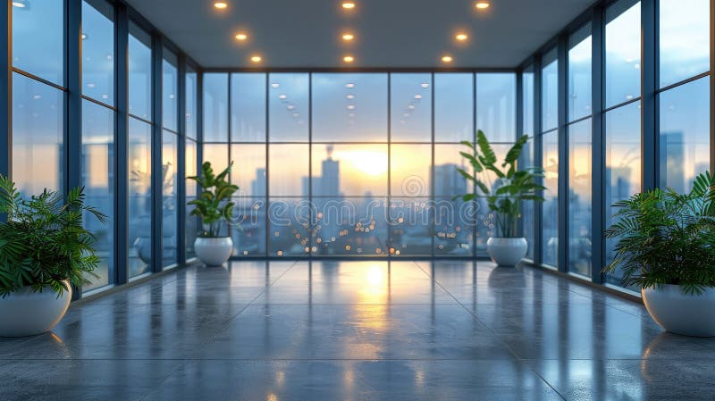 Modern Office Interior with Panoramic Windows at Sunset Stock Image ...