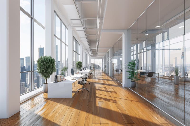 Modern Office Interior with Panoramic Windows and Wooden Floor ...